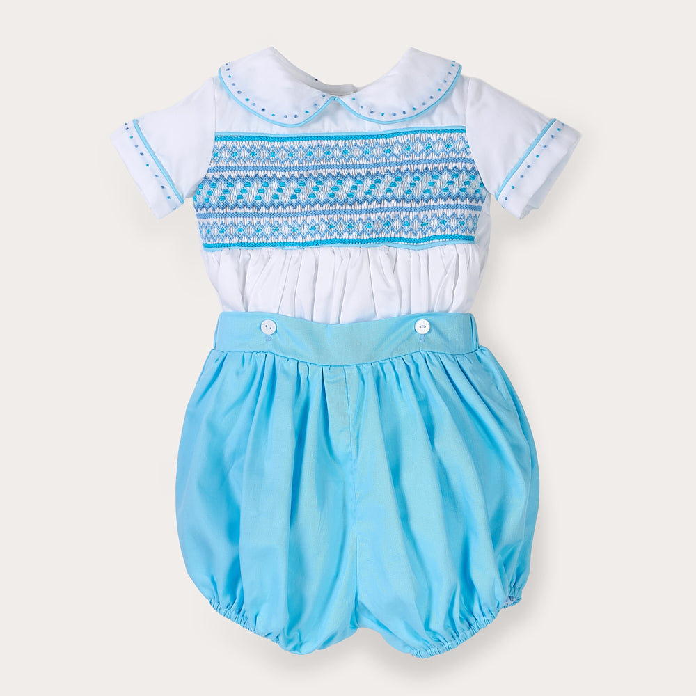 Sky blue cotton satin hand smocked bubble set – Little Miss C | Baby ...